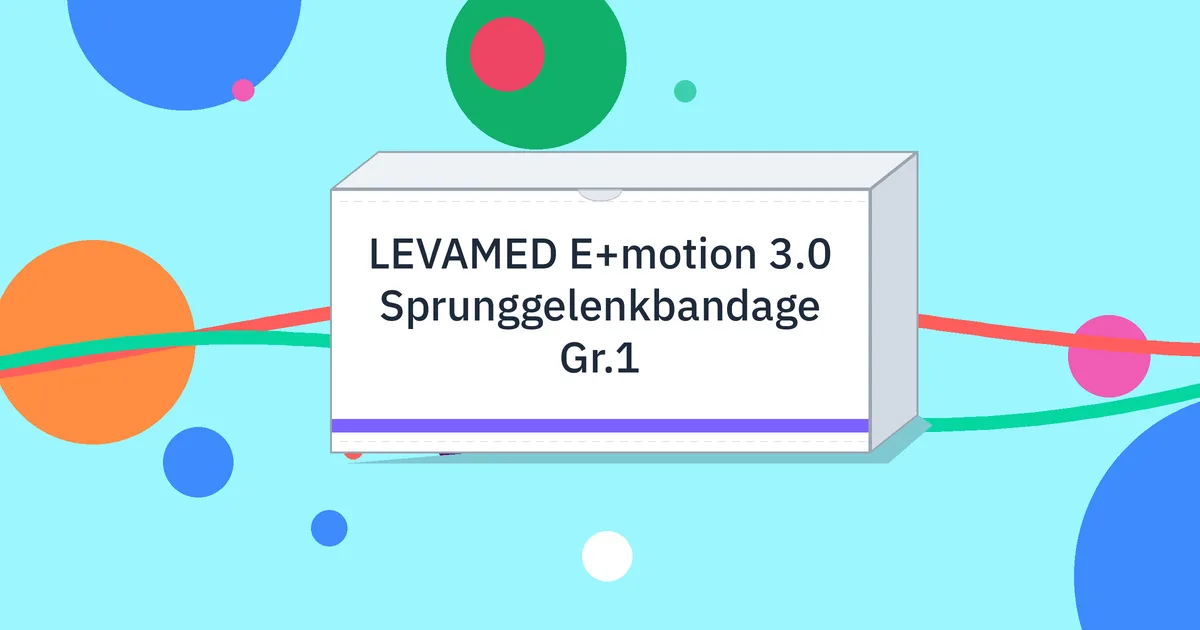 Symbolbild: Packung mit der Aufschrift LEVAMED E+motion 3.0 Sprunggelenkbandage Gr.1 (PZN 19369937) – Verfügbarkeit und Bezug in Apotheken in Frankfurt am Main