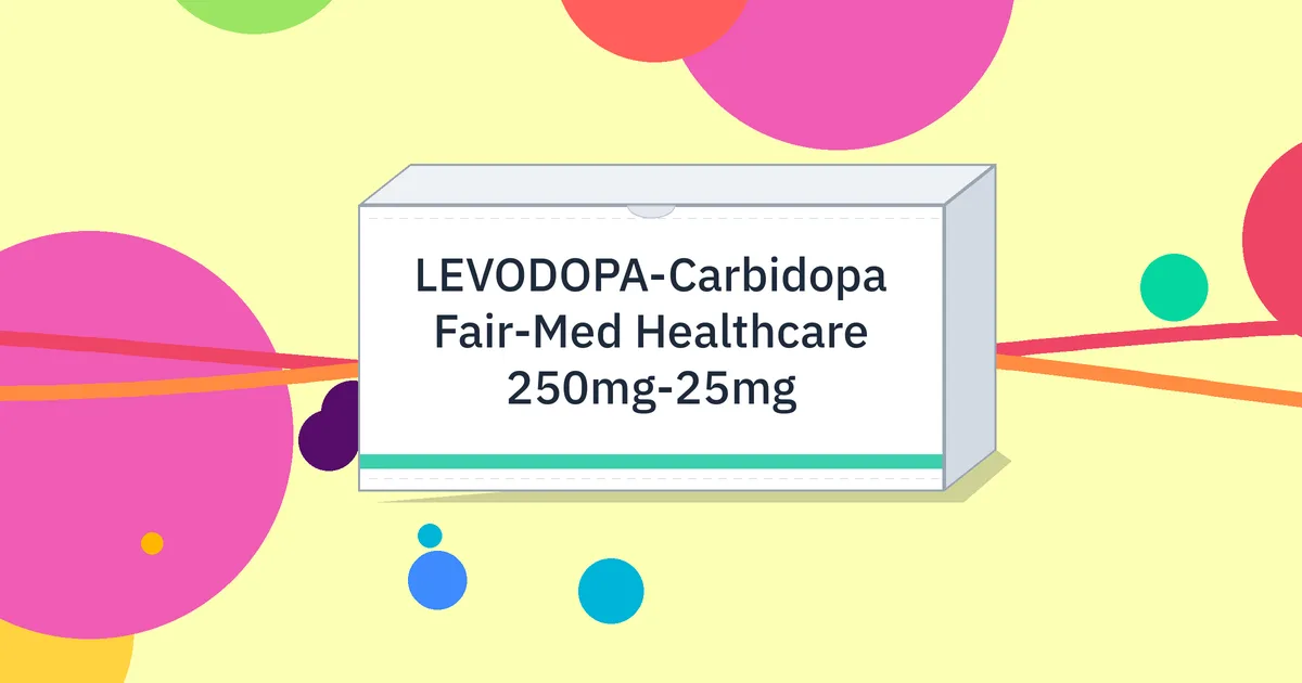 Symbolbild: Packung mit der Aufschrift LEVODOPA-Carbidopa Fair-Med Healthcare 250mg-25mg (PZN 12484084) – Verfügbarkeit und Bezug in Apotheken in Frankfurt am Main