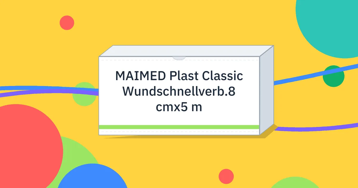 Symbolbild: Packung mit der Aufschrift MAIMED Plast Classic Wundschnellverb.8 cmx5 m (PZN 18037908) – Verfügbarkeit und Bezug in Apotheken in Frankfurt am Main