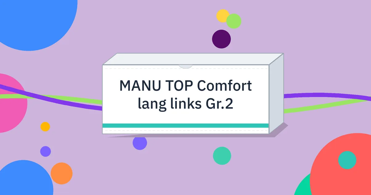 Symbolbild: Packung mit der Aufschrift MANU TOP Comfort lang links Gr.2 (PZN 02779074) – Verfügbarkeit und Bezug in Apotheken in Frankfurt am Main