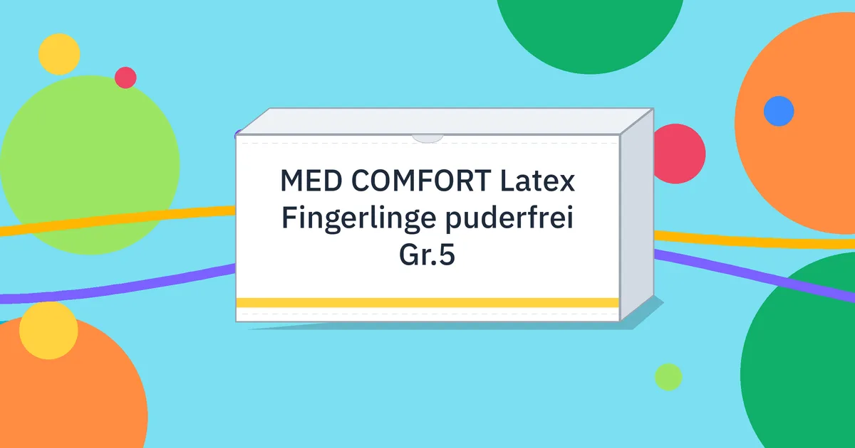 Symbolbild: Packung mit der Aufschrift MED COMFORT Latex Fingerlinge puderfrei Gr.5 (PZN 15404878) – Verfügbarkeit und Bezug in Apotheken in Frankfurt am Main