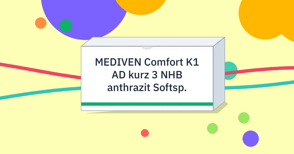 Symbolbild: Packung mit der Aufschrift MEDIVEN Comfort K1 AD kurz 3 NHB anthrazit Softsp. (PZN 14556190) – Verfügbarkeit und Bezug in Apotheken in Frankfurt am Main