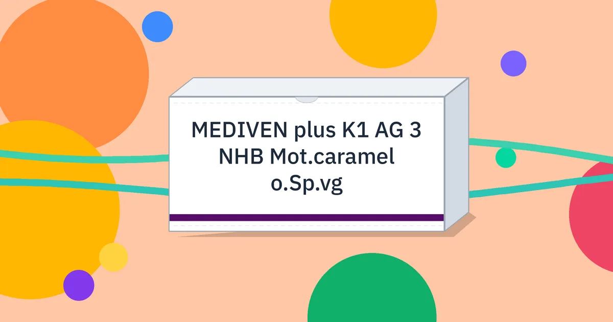 Symbolbild: Packung mit der Aufschrift MEDIVEN plus K1 AG 3 NHB Mot.caramel o.Sp.vg (PZN 15916265) – Verfügbarkeit und Bezug in Apotheken in Frankfurt am Main