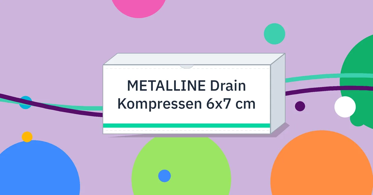 Symbolbild: Packung mit der Aufschrift METALLINE Drain Kompressen 6x7 cm (PZN 17900788) – Verfügbarkeit und Bezug in Apotheken in Frankfurt am Main