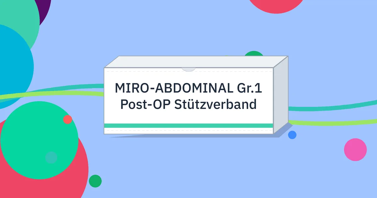 Symbolbild: Packung mit der Aufschrift MIRO-ABDOMINAL Gr.1 Post-OP Stützverband (PZN 06853459) – Verfügbarkeit und Bezug in Apotheken in Frankfurt am Main