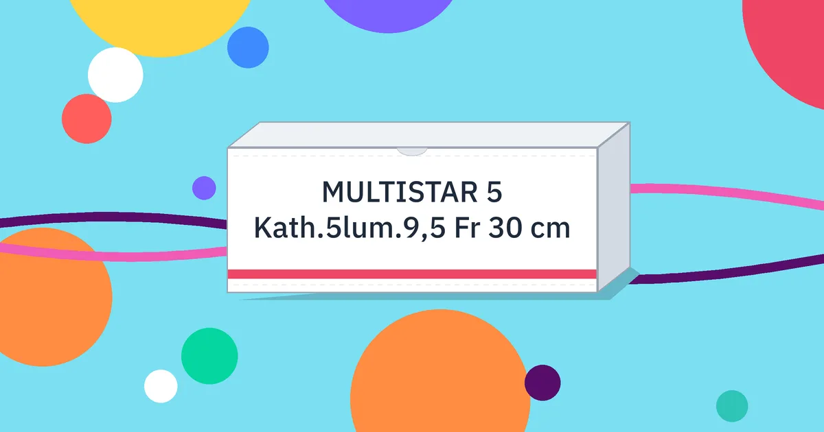 Symbolbild: Packung mit der Aufschrift MULTISTAR 5 Kath.5lum.9,5 Fr 30 cm (PZN 09446068) – Verfügbarkeit und Bezug in Apotheken in Frankfurt am Main