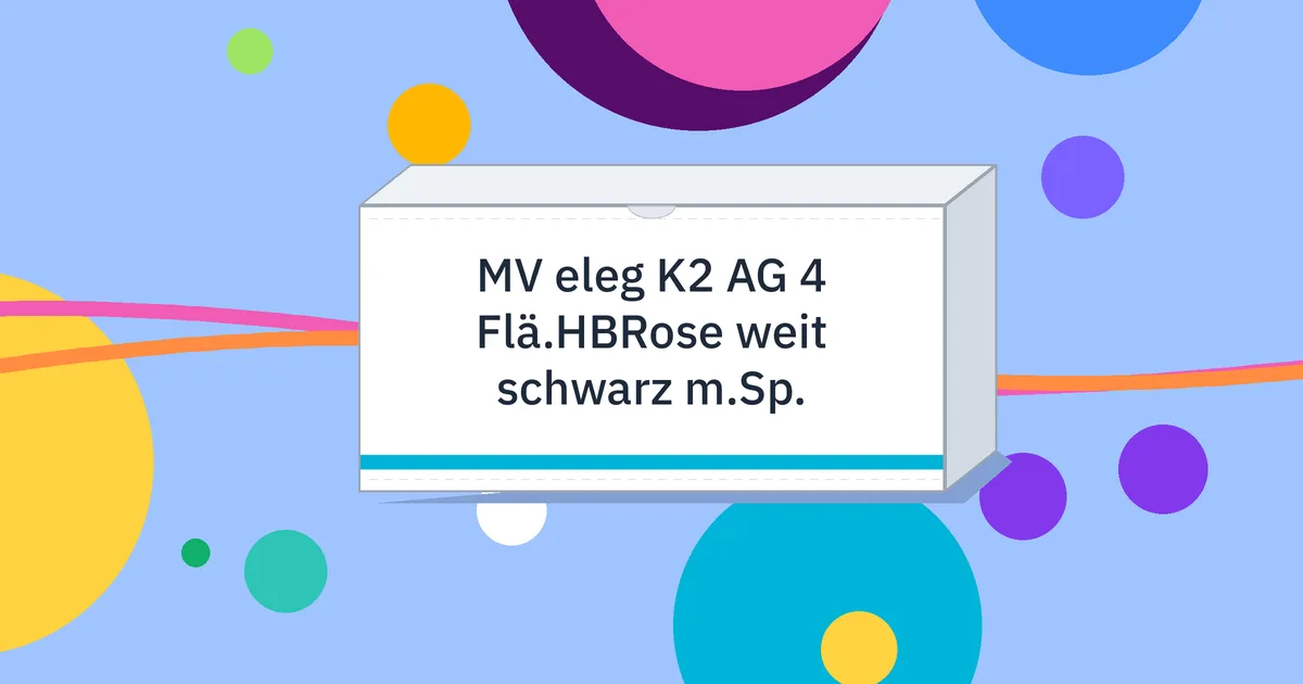 Symbolbild: Packung mit der Aufschrift MV eleg K2 AG 4 Flä.HBRose weit schwarz m.Sp. (PZN 15721225) – Verfügbarkeit und Bezug in Apotheken in Frankfurt am Main
