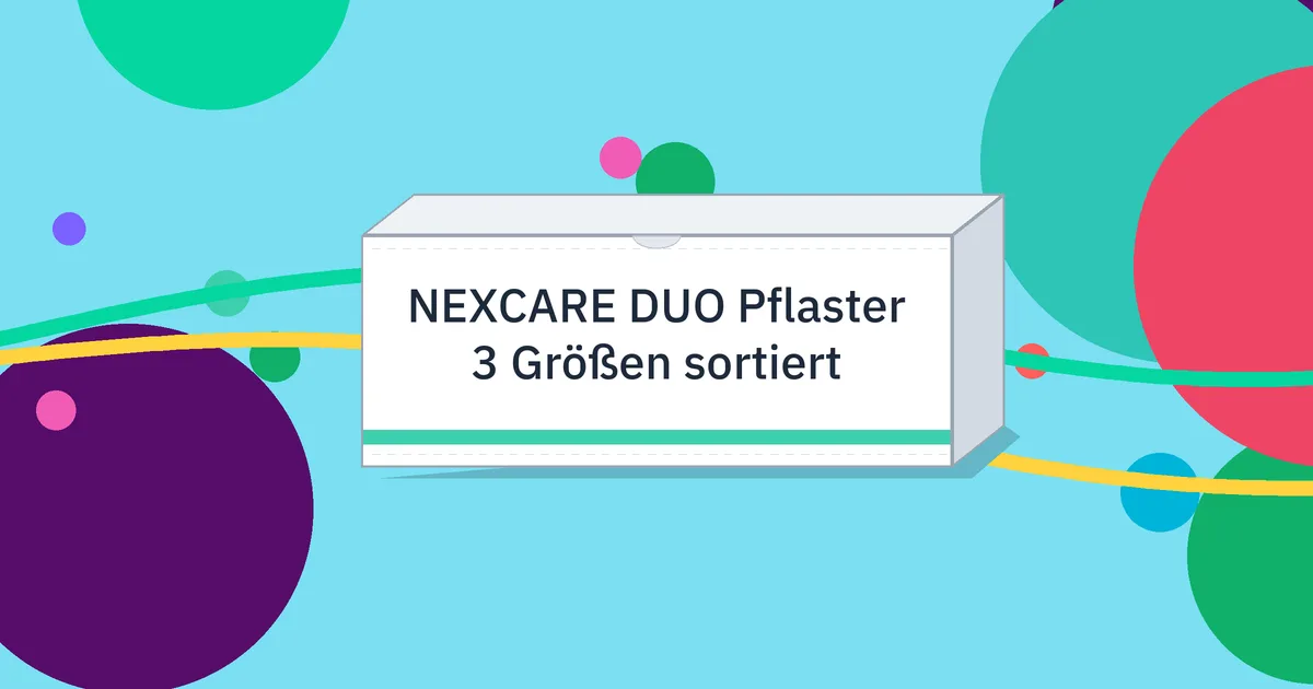 Symbolbild: Packung mit der Aufschrift NEXCARE DUO Pflaster 3 Größen sortiert (PZN 17425399) – Verfügbarkeit und Bezug in Apotheken in Frankfurt am Main
