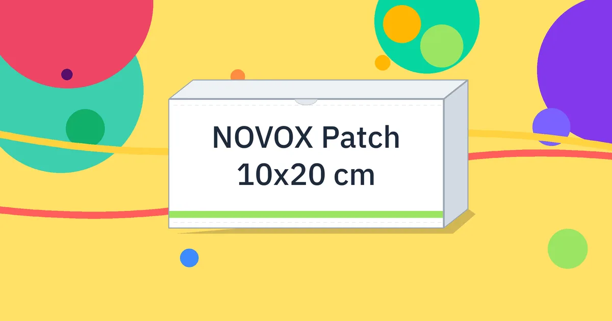 Symbolbild: Packung mit der Aufschrift NOVOX Patch 10x20 cm (PZN 18650425) – Verfügbarkeit und Bezug in Apotheken in Frankfurt am Main