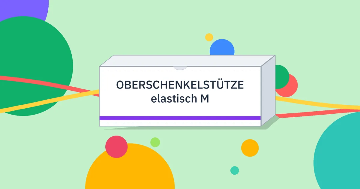 Symbolbild: Packung mit der Aufschrift OBERSCHENKELSTÜTZE elastisch M (PZN 19071847) – Verfügbarkeit und Bezug in Apotheken in Frankfurt am Main
