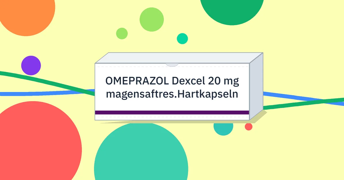 Symbolbild: Packung mit der Aufschrift OMEPRAZOL Dexcel 20 mg magensaftres.Hartkapseln (PZN 07745849) – Verfügbarkeit und Bezug in Apotheken in Frankfurt am Main
