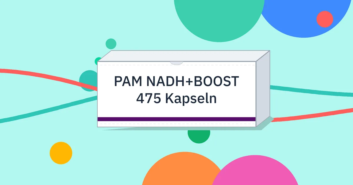 Symbolbild: Packung mit der Aufschrift PAM NADH+BOOST 475 Kapseln (PZN 20299722) – Verfügbarkeit und Bezug in Apotheken in Frankfurt am Main