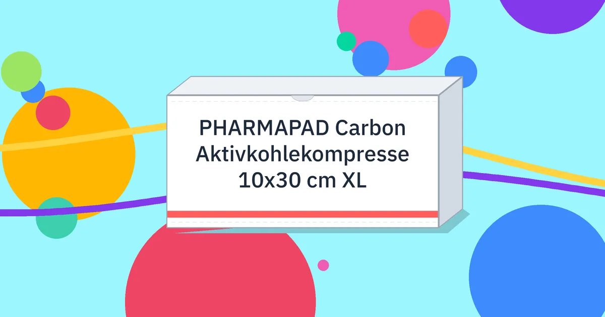 Symbolbild: Packung mit der Aufschrift PHARMAPAD Carbon Aktivkohlekompresse 10x30 cm XL (PZN 19364905) – Verfügbarkeit und Bezug in Apotheken in Frankfurt am Main