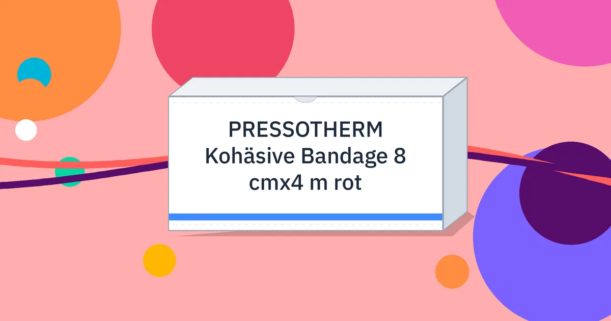 Symbolbild: Packung mit der Aufschrift PRESSOTHERM Kohäsive Bandage 8 cmx4 m rot (PZN 02002428) – Verfügbarkeit und Bezug in Apotheken in Frankfurt am Main