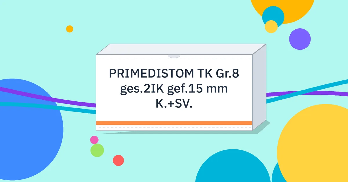 Symbolbild: Packung mit der Aufschrift PRIMEDISTOM TK Gr.8 ges.2IK gef.15 mm K.+SV. (PZN 10928252) – Verfügbarkeit und Bezug in Apotheken in Frankfurt am Main