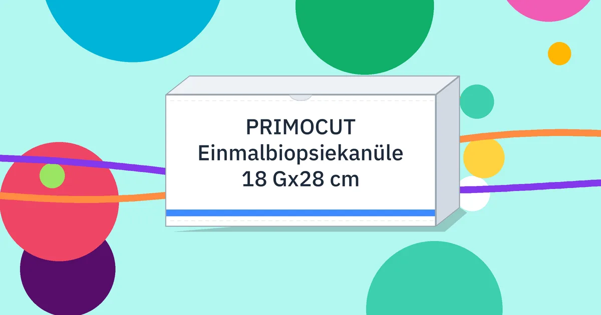 Symbolbild: Packung mit der Aufschrift PRIMOCUT Einmalbiopsiekanüle 18 Gx28 cm (PZN 03926399) – Verfügbarkeit und Bezug in Apotheken in Frankfurt am Main