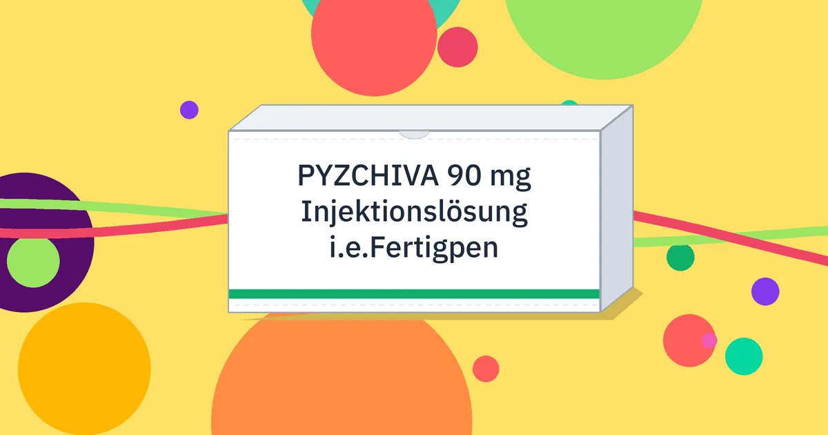 Symbolbild: Packung mit der Aufschrift PYZCHIVA 90 mg Injektionslösung i.e.Fertigpen (PZN 19149383) – Verfügbarkeit und Bezug in Apotheken in Frankfurt am Main