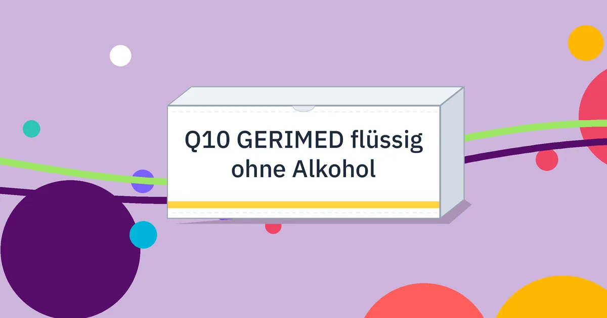 Symbolbild: Packung mit der Aufschrift Q10 GERIMED flüssig ohne Alkohol (PZN 01698830) – Verfügbarkeit und Bezug in Apotheken in Frankfurt am Main