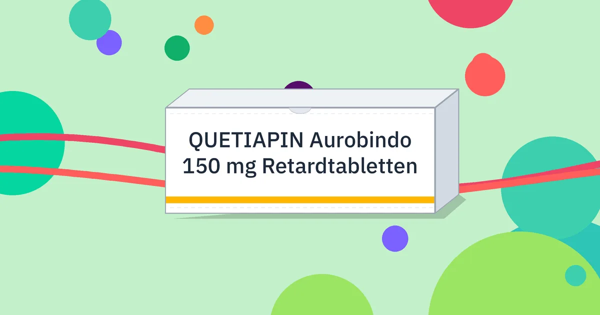 Symbolbild: Packung mit der Aufschrift QUETIAPIN Aurobindo 150 mg Retardtabletten (PZN 18428767) – Verfügbarkeit und Bezug in Apotheken in Frankfurt am Main