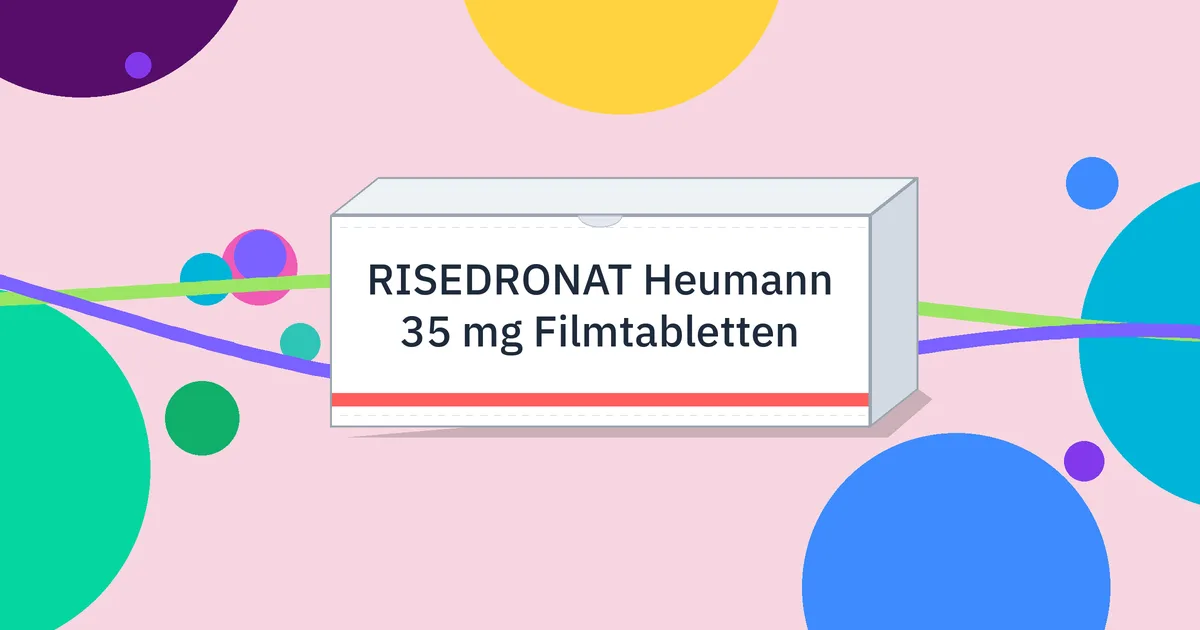 Symbolbild: Packung mit der Aufschrift RISEDRONAT Heumann 35 mg Filmtabletten (PZN 06938919) – Verfügbarkeit und Bezug in Apotheken in Frankfurt am Main