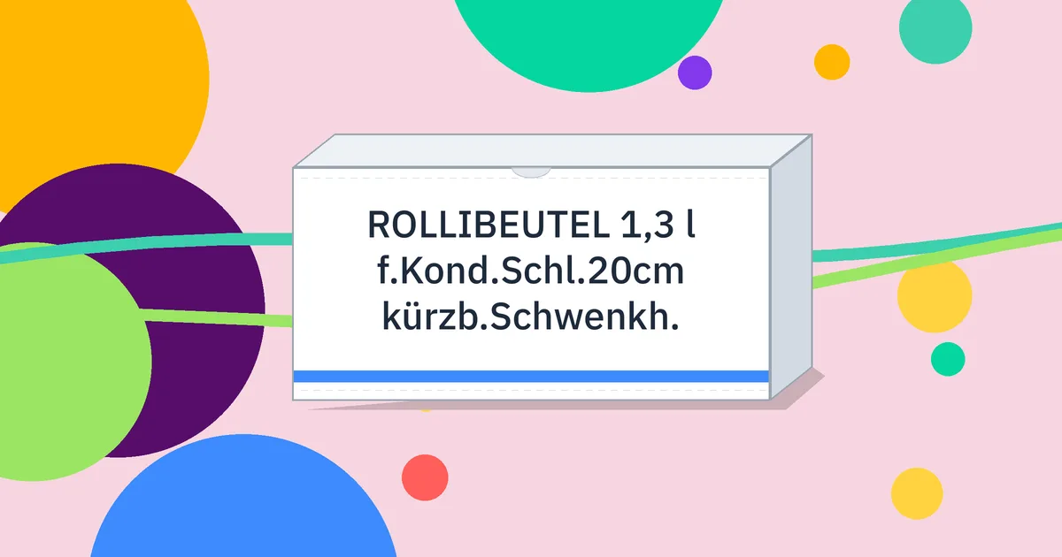 Symbolbild: Packung mit der Aufschrift ROLLIBEUTEL 1,3 l f.Kond.Schl.20cm kürzb.Schwenkh. (PZN 00559204) – Verfügbarkeit und Bezug in Apotheken in Frankfurt am Main