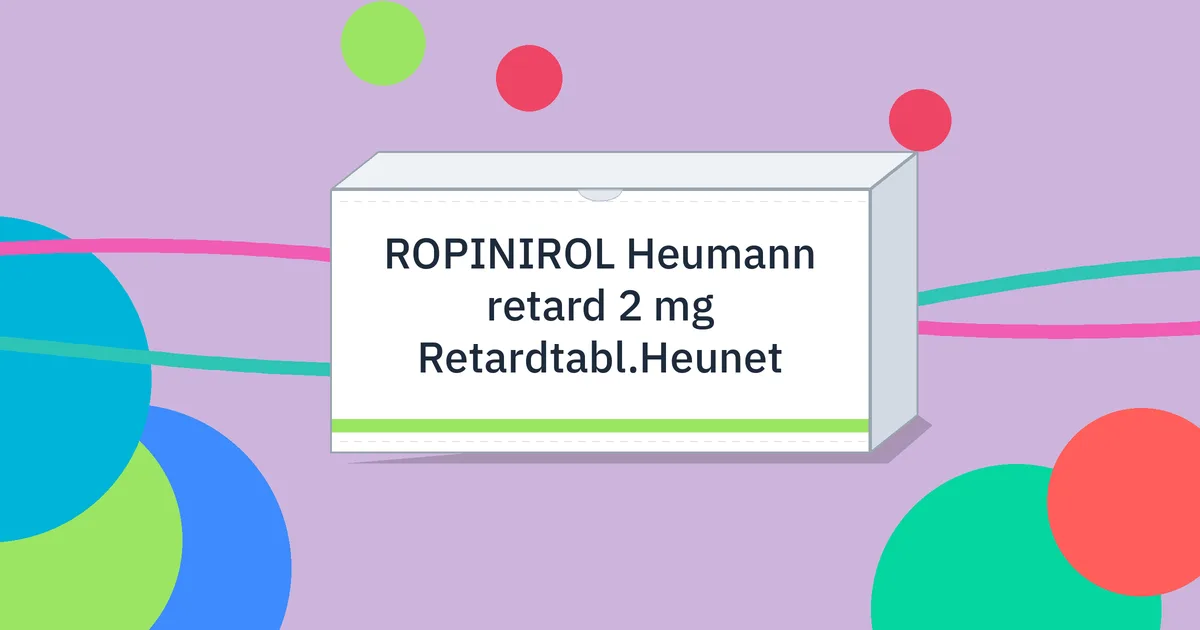 Symbolbild: Packung mit der Aufschrift ROPINIROL Heumann retard 2 mg Retardtabl.Heunet (PZN 16198435) – Verfügbarkeit und Bezug in Apotheken in Frankfurt am Main