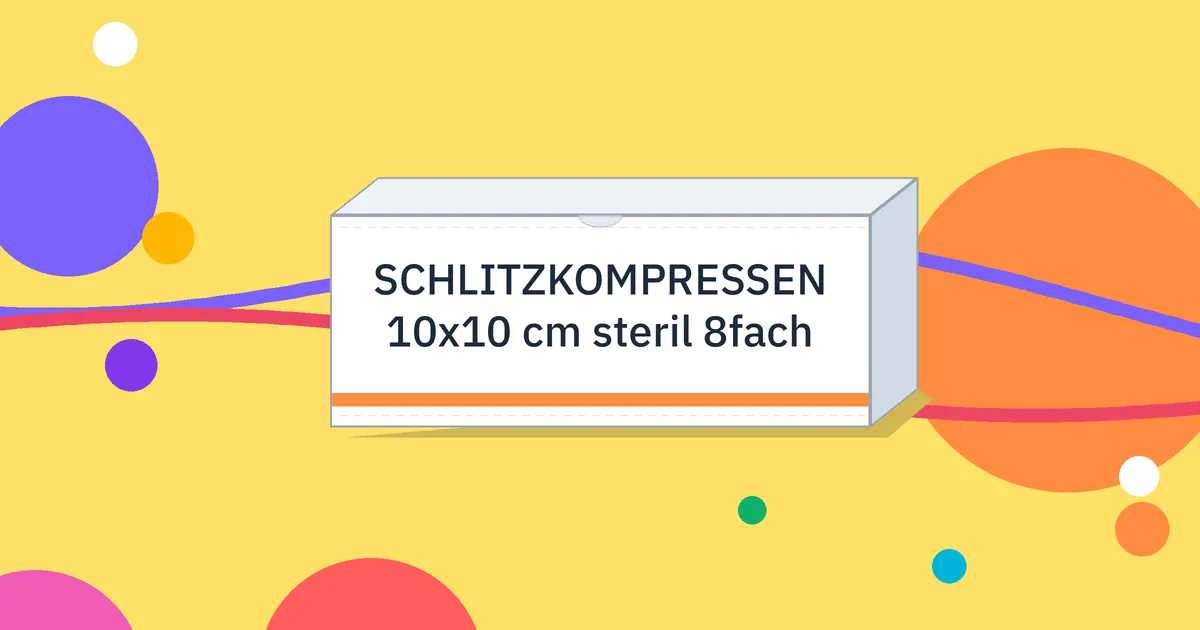 Symbolbild: Packung mit der Aufschrift SCHLITZKOMPRESSEN 10x10 cm steril 8fach (PZN 03870954) – Verfügbarkeit und Bezug in Apotheken in Frankfurt am Main