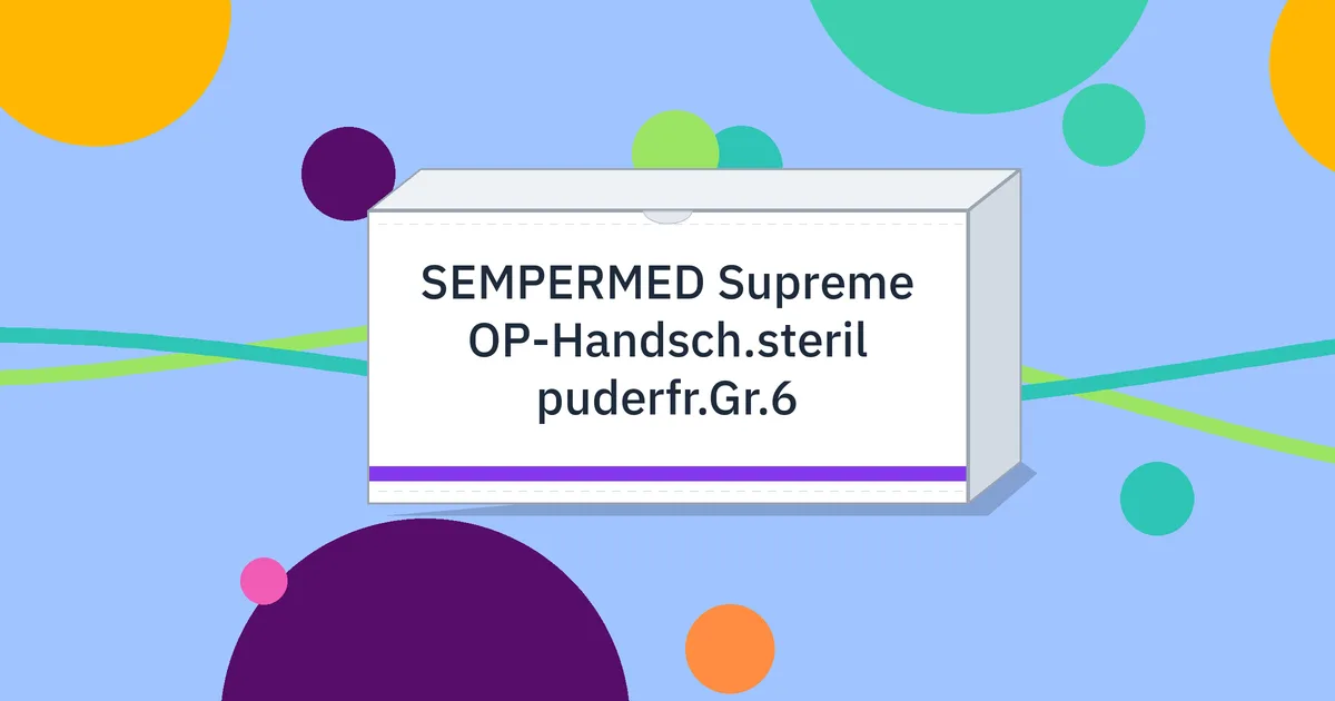 Symbolbild: Packung mit der Aufschrift SEMPERMED Supreme OP-Handsch.steril puderfr.Gr.6 (PZN 04200747) – Verfügbarkeit und Bezug in Apotheken in Frankfurt am Main