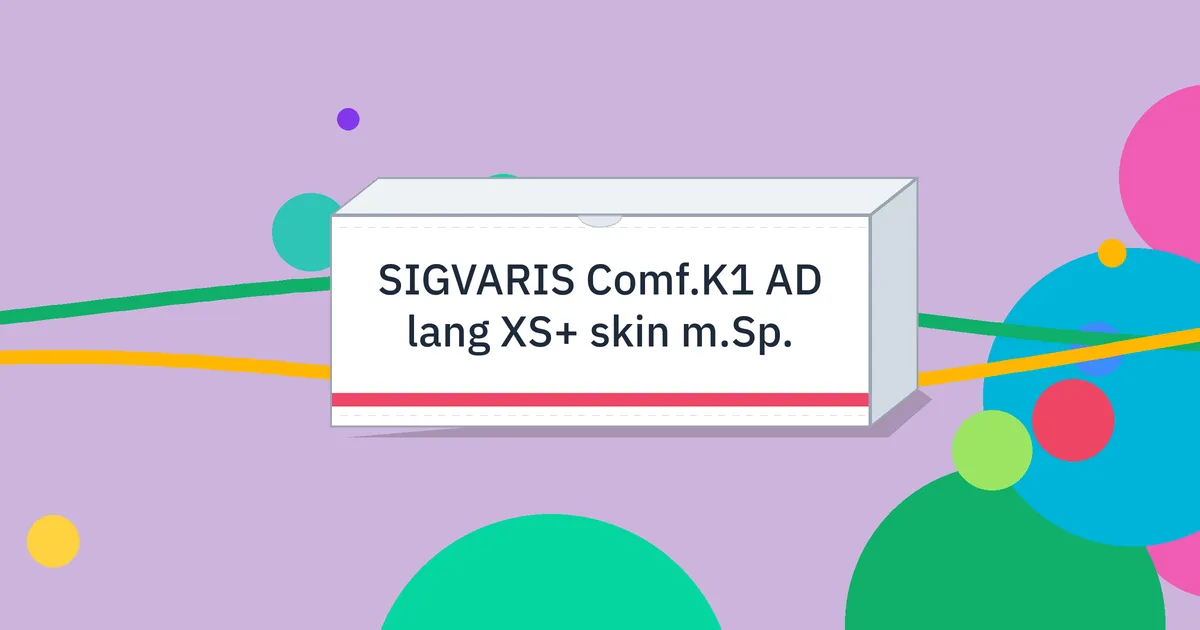 Symbolbild: Packung mit der Aufschrift SIGVARIS Comf.K1 AD lang XS+ skin m.Sp. (PZN 17042008) – Verfügbarkeit und Bezug in Apotheken in Frankfurt am Main