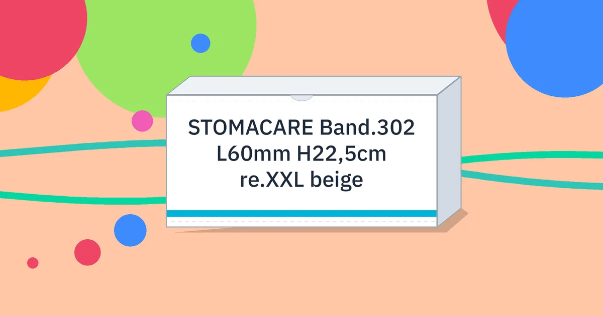 Symbolbild: Packung mit der Aufschrift STOMACARE Band.302 L60mm H22,5cm re.XXL beige (PZN 10840155) – Verfügbarkeit und Bezug in Apotheken in Frankfurt am Main