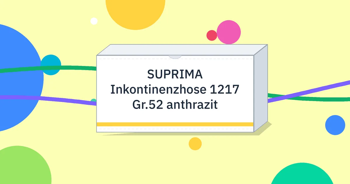 Symbolbild: Packung mit der Aufschrift SUPRIMA Inkontinenzhose 1217 Gr.52 anthrazit (PZN 19174205) – Verfügbarkeit und Bezug in Apotheken in Frankfurt am Main
