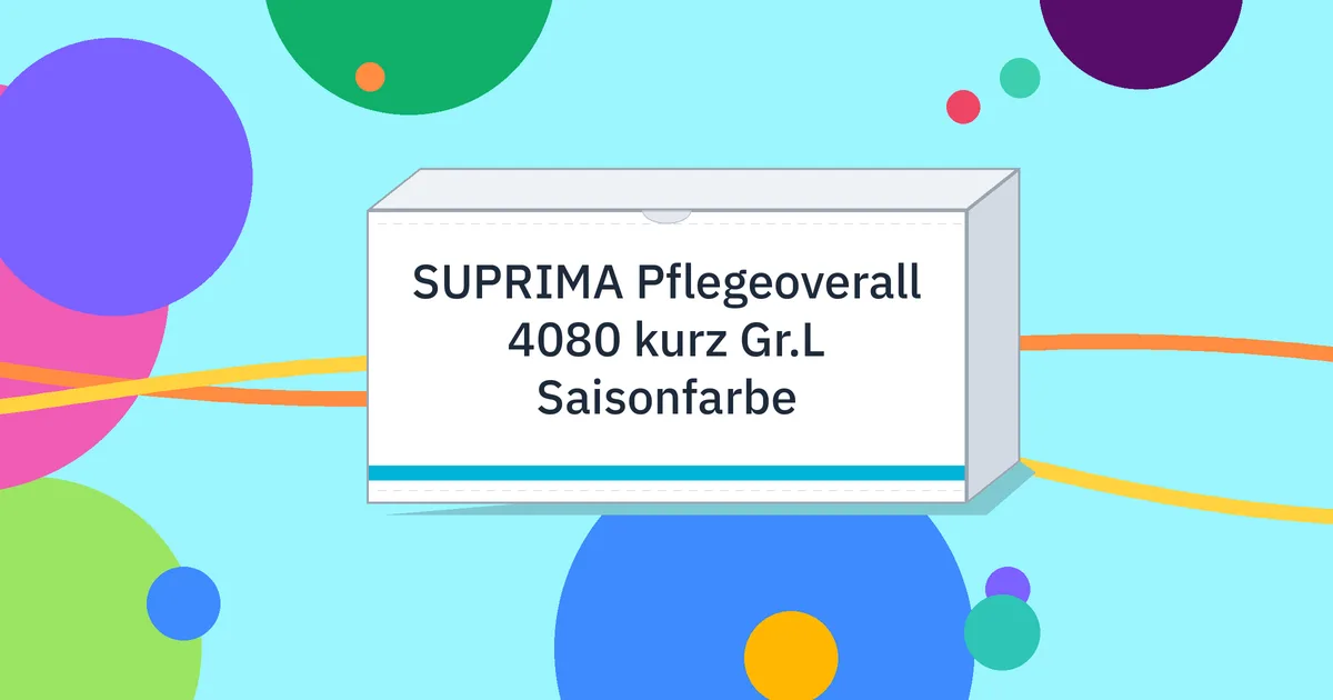 Symbolbild: Packung mit der Aufschrift SUPRIMA Pflegeoverall 4080 kurz Gr.L Saisonfarbe (PZN 11659676) – Verfügbarkeit und Bezug in Apotheken in Frankfurt am Main