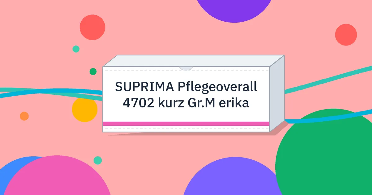 Symbolbild: Packung mit der Aufschrift SUPRIMA Pflegeoverall 4702 kurz Gr.M erika (PZN 09376801) – Verfügbarkeit und Bezug in Apotheken in Frankfurt am Main