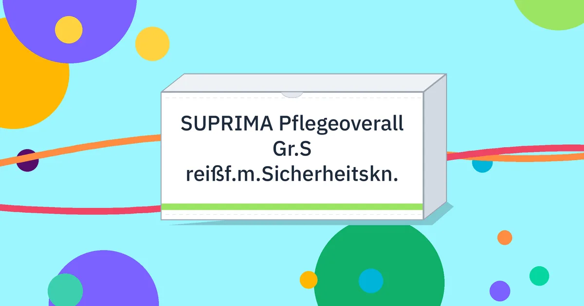 Symbolbild: Packung mit der Aufschrift SUPRIMA Pflegeoverall Gr.S reißf.m.Sicherheitskn. (PZN 00939177) – Verfügbarkeit und Bezug in Apotheken in Frankfurt am Main