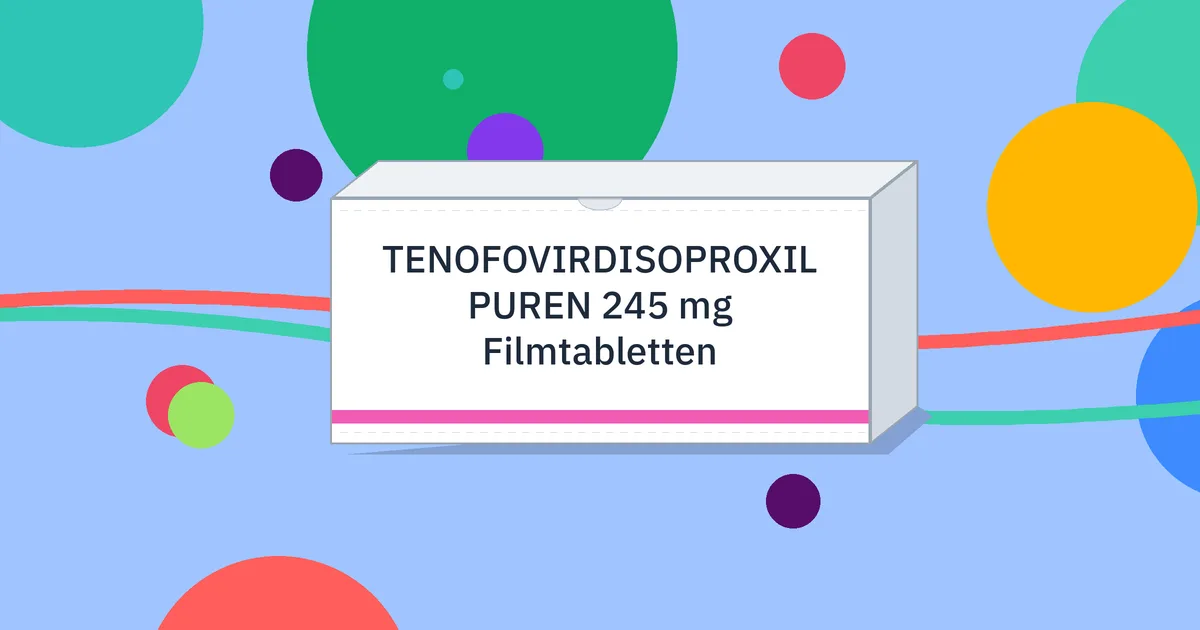 Symbolbild: Packung mit der Aufschrift TENOFOVIRDISOPROXIL PUREN 245 mg Filmtabletten (PZN 13861086) – Verfügbarkeit und Bezug in Apotheken in Frankfurt am Main
