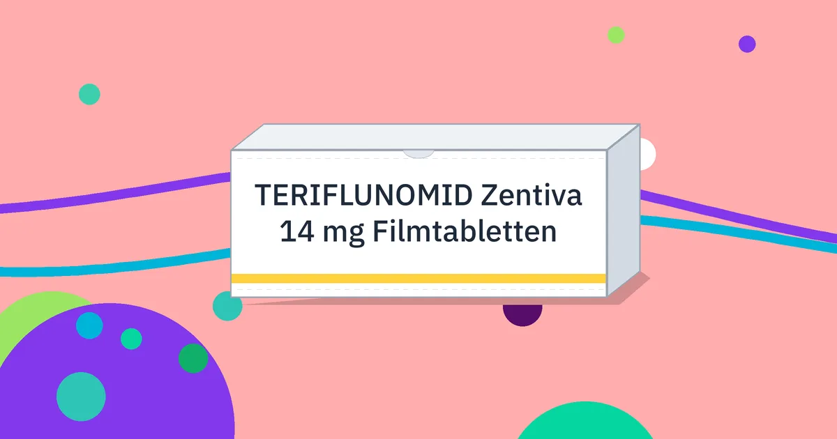 Symbolbild: Packung mit der Aufschrift TERIFLUNOMID Zentiva 14 mg Filmtabletten (PZN 20038200) – Verfügbarkeit und Bezug in Apotheken in Frankfurt am Main