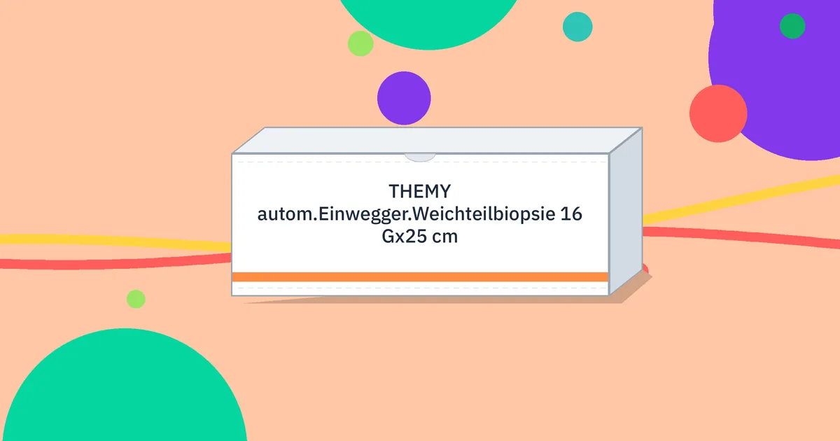 Symbolbild: Packung mit der Aufschrift THEMY autom.Einwegger.Weichteilbiopsie 16 Gx25 cm (PZN 19737387) – Verfügbarkeit und Bezug in Apotheken in Frankfurt am Main