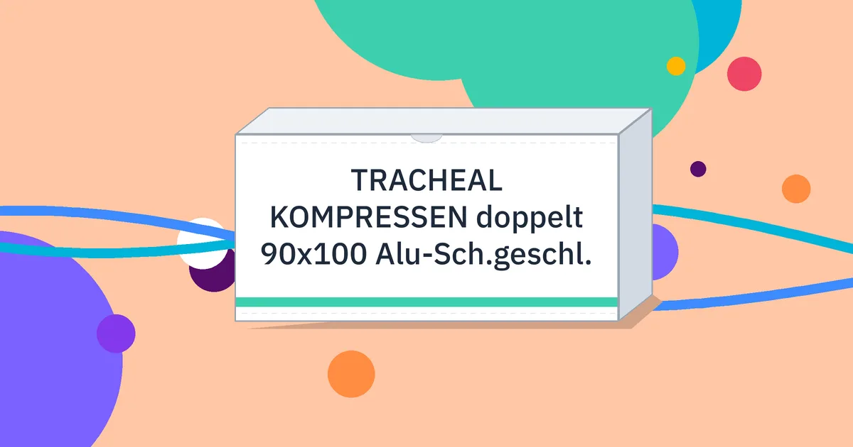Symbolbild: Packung mit der Aufschrift TRACHEAL KOMPRESSEN doppelt 90x100 Alu-Sch.geschl. (PZN 03802786) – Verfügbarkeit und Bezug in Apotheken in Frankfurt am Main