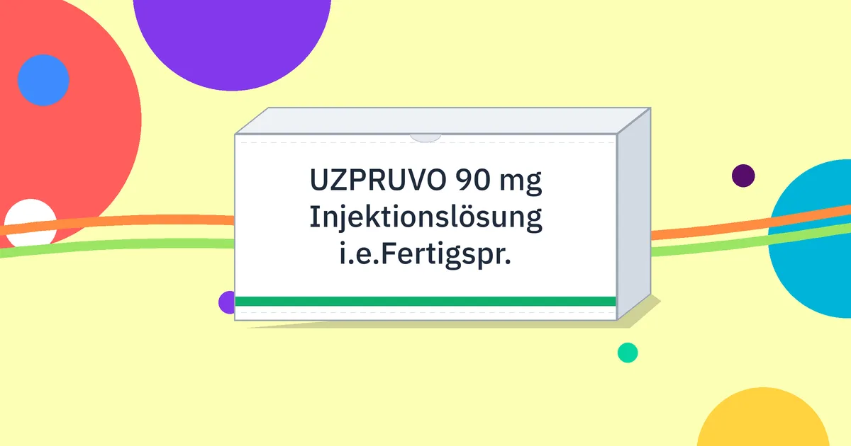 Symbolbild: Packung mit der Aufschrift UZPRUVO 90 mg Injektionslösung i.e.Fertigspr. (PZN 19904336) – Verfügbarkeit und Bezug in Apotheken in Frankfurt am Main