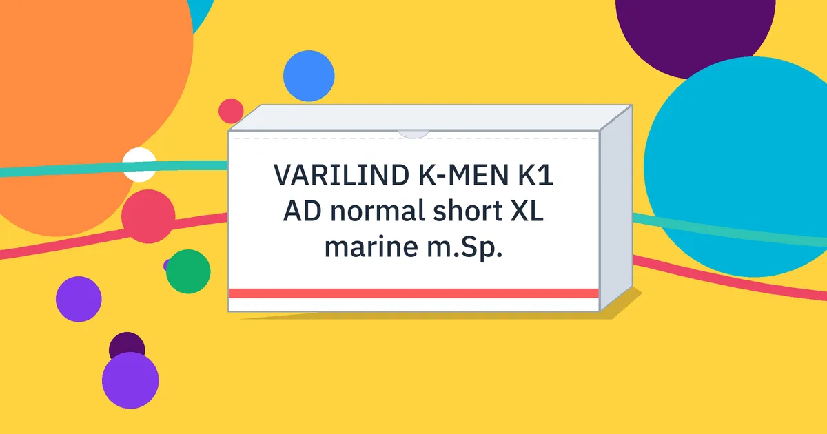Symbolbild: Packung mit der Aufschrift VARILIND K-MEN K1 AD normal short XL marine m.Sp. (PZN 20568949) – Verfügbarkeit und Bezug in Apotheken in Frankfurt am Main
