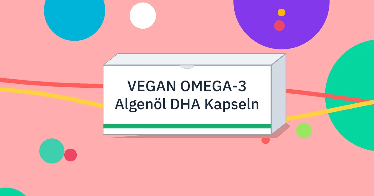 Symbolbild: Packung mit der Aufschrift VEGAN OMEGA-3 Algenöl DHA Kapseln (PZN 17890535) – Verfügbarkeit und Bezug in Apotheken in Frankfurt am Main