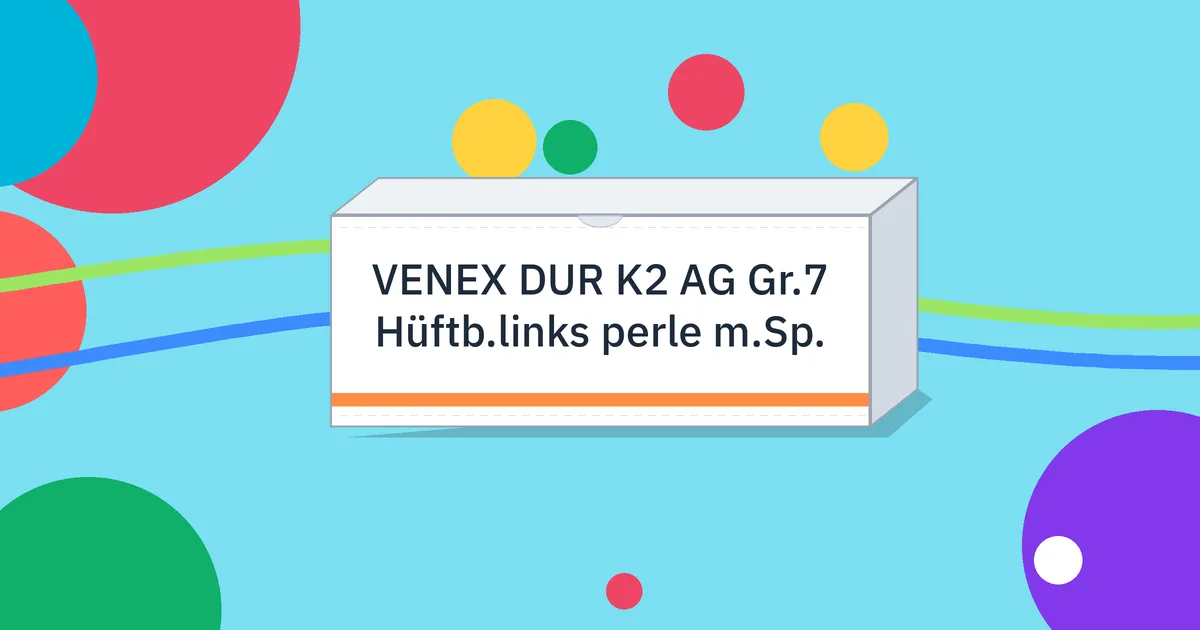 Symbolbild: Packung mit der Aufschrift VENEX DUR K2 AG Gr.7 Hüftb.links perle m.Sp. (PZN 03225780) – Verfügbarkeit und Bezug in Apotheken in Frankfurt am Main