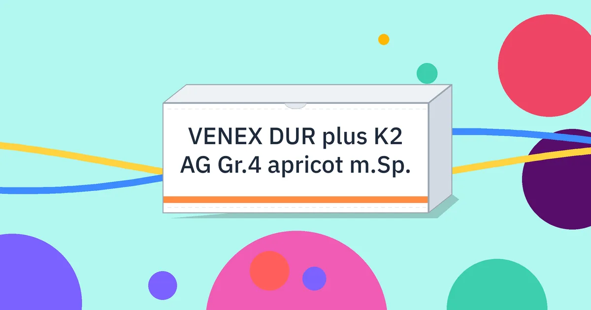 Symbolbild: Packung mit der Aufschrift VENEX DUR plus K2 AG Gr.4 apricot m.Sp. (PZN 03235293) – Verfügbarkeit und Bezug in Apotheken in Frankfurt am Main