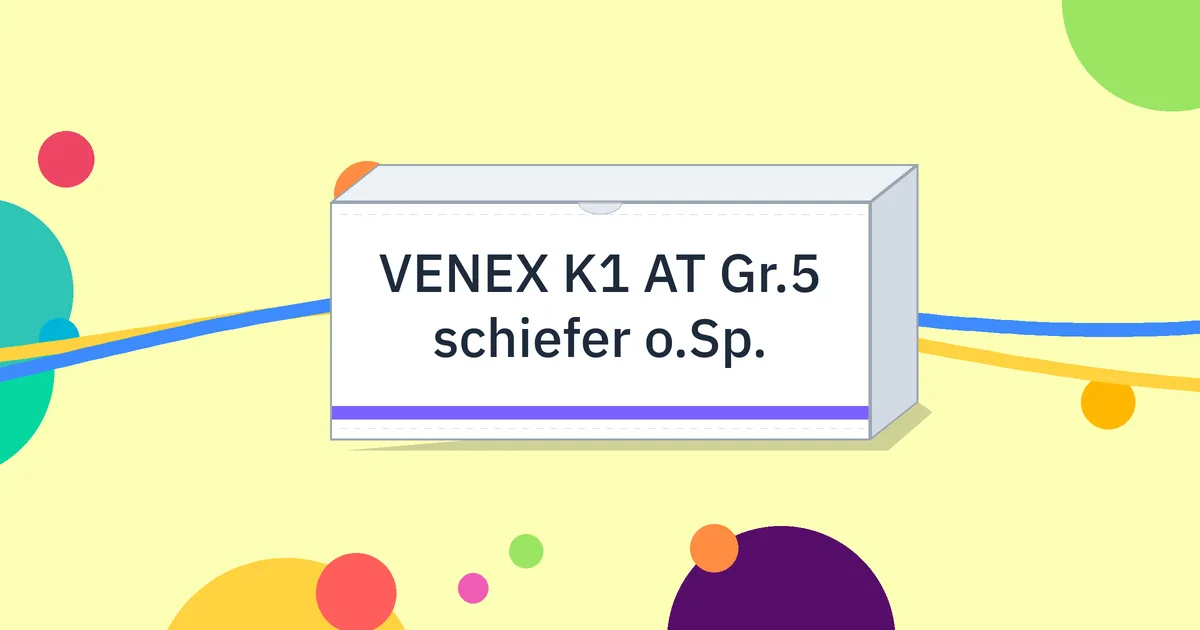 Symbolbild: Packung mit der Aufschrift VENEX K1 AT Gr.5 schiefer o.Sp. (PZN 03198209) – Verfügbarkeit und Bezug in Apotheken in Frankfurt am Main