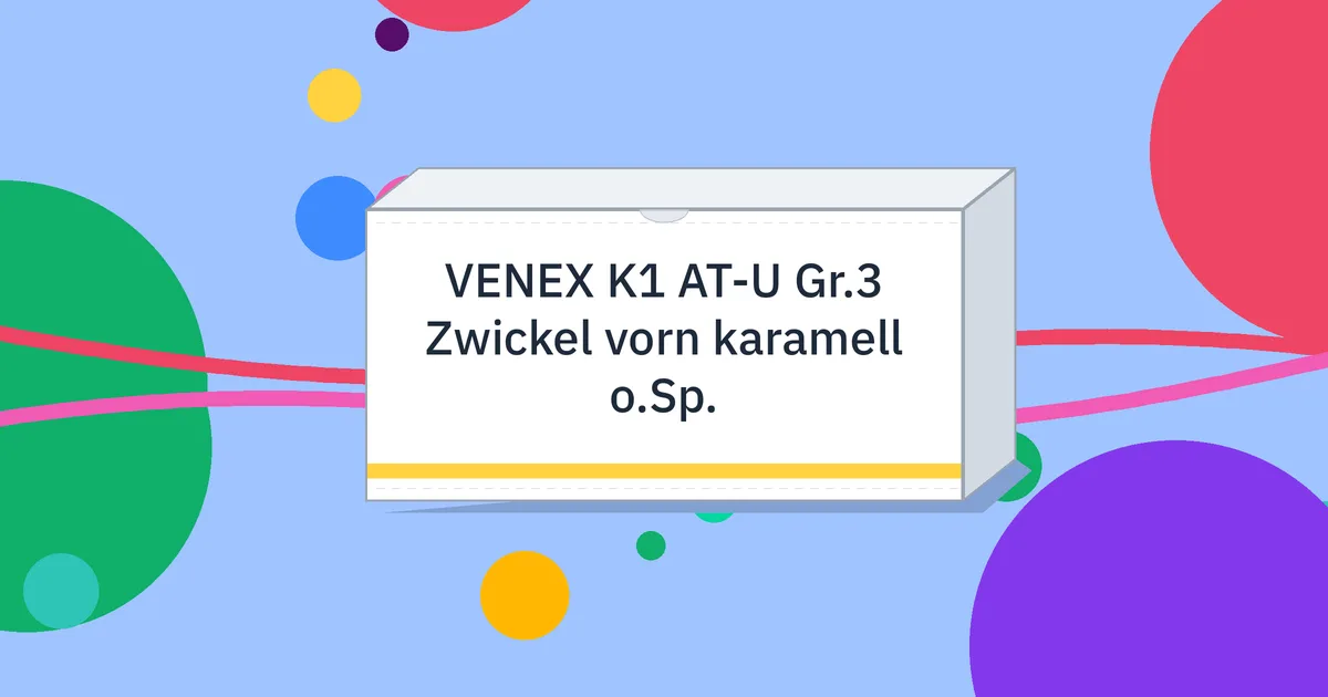 Symbolbild: Packung mit der Aufschrift VENEX K1 AT-U Gr.3 Zwickel vorn karamell o.Sp. (PZN 13759436) – Verfügbarkeit und Bezug in Apotheken in Frankfurt am Main