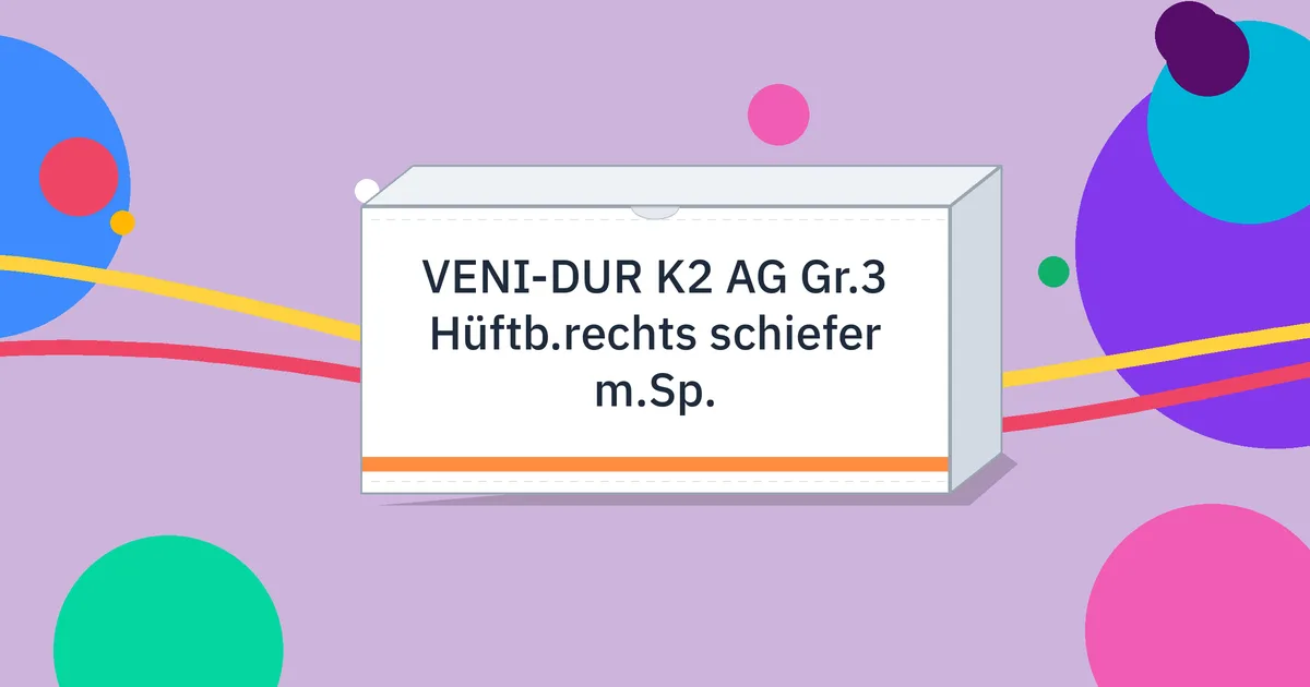 Symbolbild: Packung mit der Aufschrift VENI-DUR K2 AG Gr.3 Hüftb.rechts schiefer m.Sp. (PZN 03249591) – Verfügbarkeit und Bezug in Apotheken in Frankfurt am Main