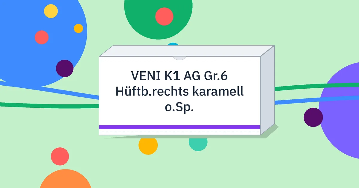 Symbolbild: Packung mit der Aufschrift VENI K1 AG Gr.6 Hüftb.rechts karamell o.Sp. (PZN 13760132) – Verfügbarkeit und Bezug in Apotheken in Frankfurt am Main