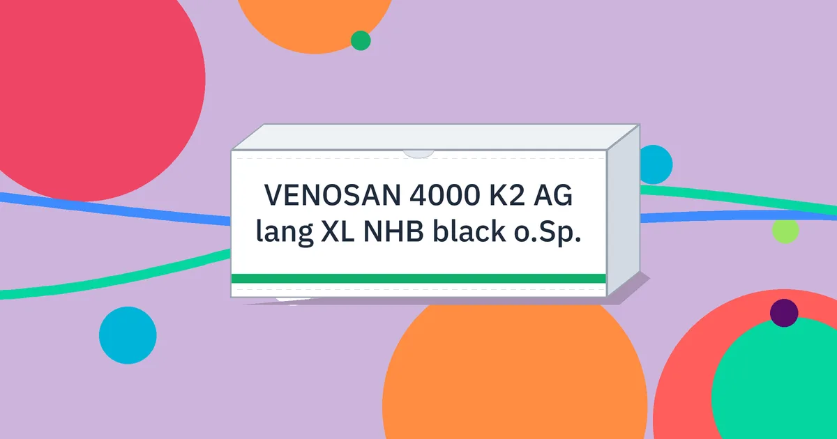 Symbolbild: Packung mit der Aufschrift VENOSAN 4000 K2 AG lang XL NHB black o.Sp. (PZN 14427771) – Verfügbarkeit und Bezug in Apotheken in Frankfurt am Main