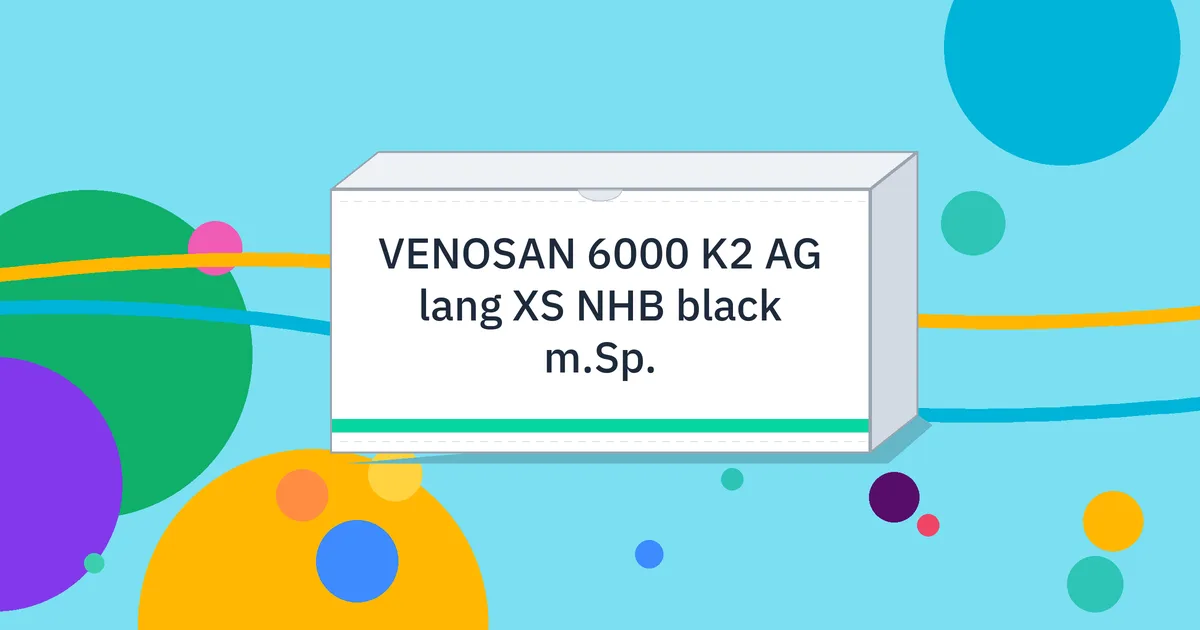 Symbolbild: Packung mit der Aufschrift VENOSAN 6000 K2 AG lang XS NHB black m.Sp. (PZN 17172975) – Verfügbarkeit und Bezug in Apotheken in Frankfurt am Main