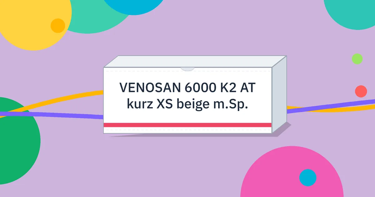 Symbolbild: Packung mit der Aufschrift VENOSAN 6000 K2 AT kurz XS beige m.Sp. (PZN 17173182) – Verfügbarkeit und Bezug in Apotheken in Frankfurt am Main